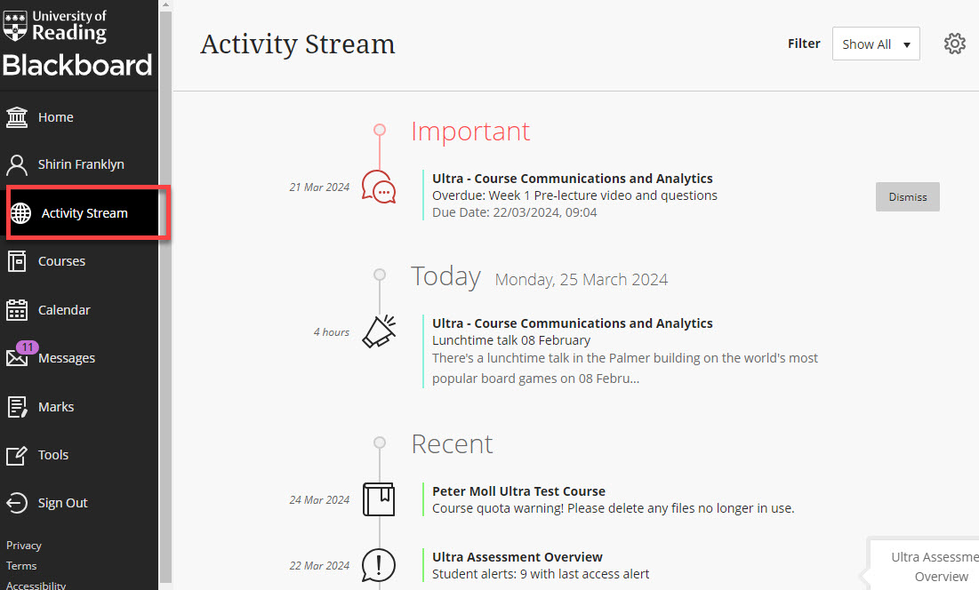 Activity Stream - Technology Enhanced Learning Support for Students