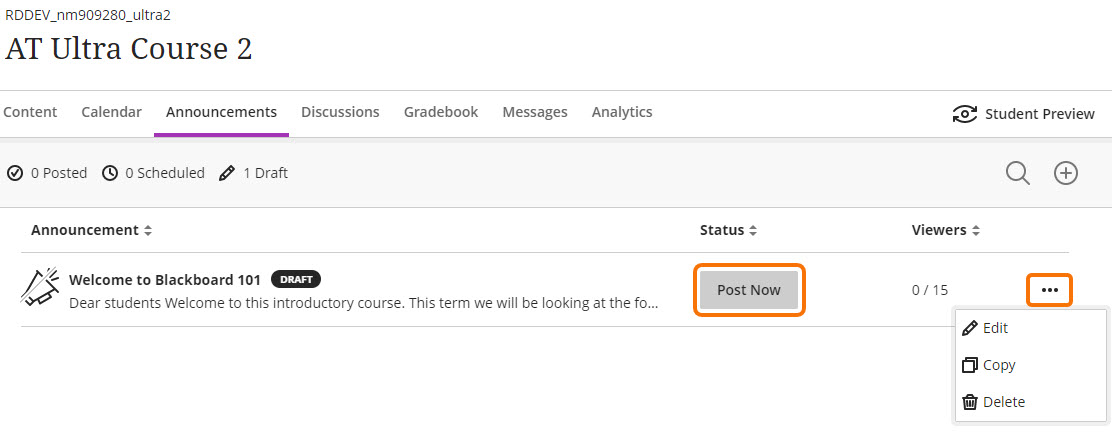 Post announcement screen - Blackboard Help for Staff - University of ...